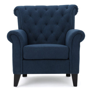 Dark Blue Traditional Accent Chair with Rolled Arms and Deep Button ...