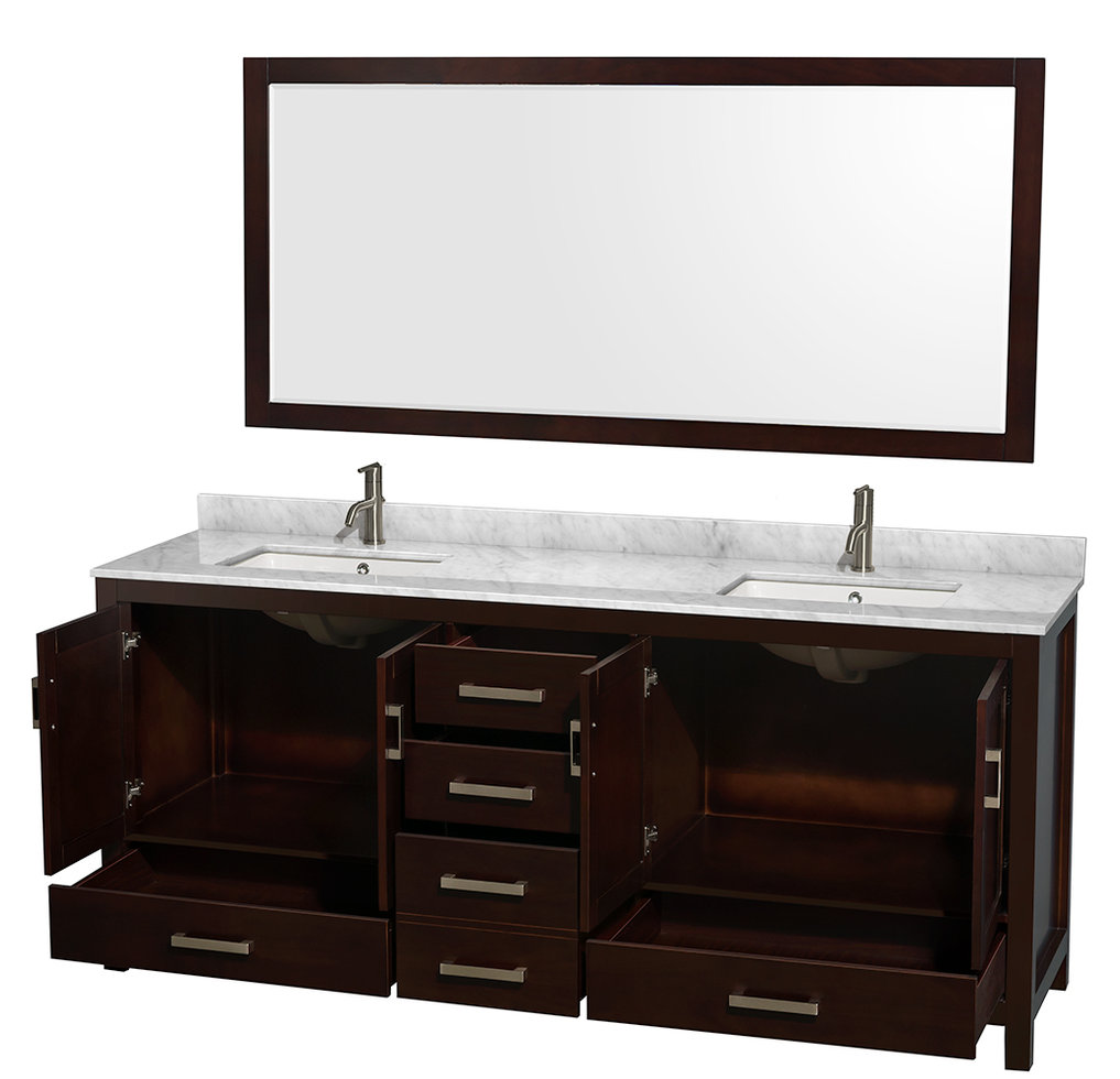 80" Double Vanity,Espresso,White Carrara Marble Top,Sinks,70" Mirror ...