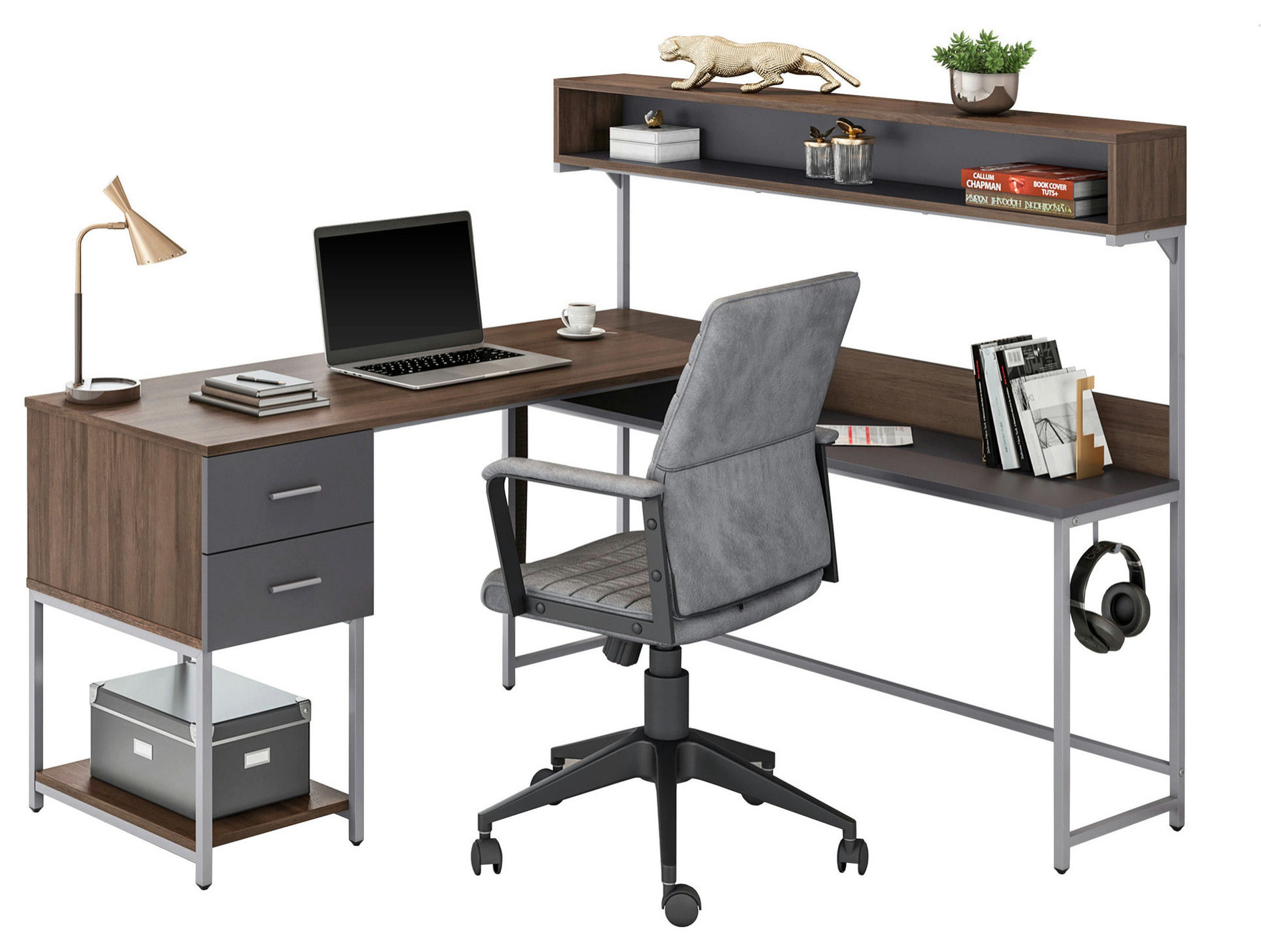 Techni Mobili L-Shape Desk with Hutch and Storage, walnut ...