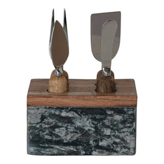 Marble Cheese Server Set, Mango Wood Stand, Black, Set of 4 ...