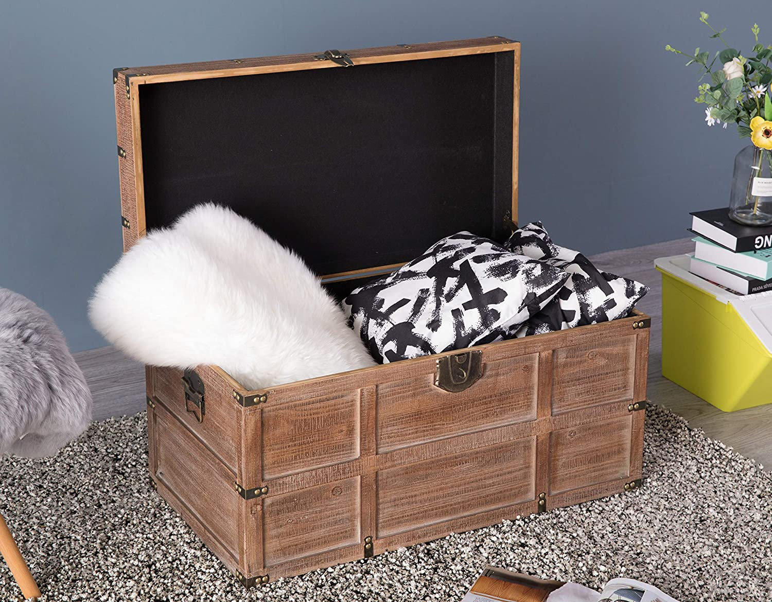 Rustic Wooden Storage Trunk with Lockable Latch, Rectangular Brown ...