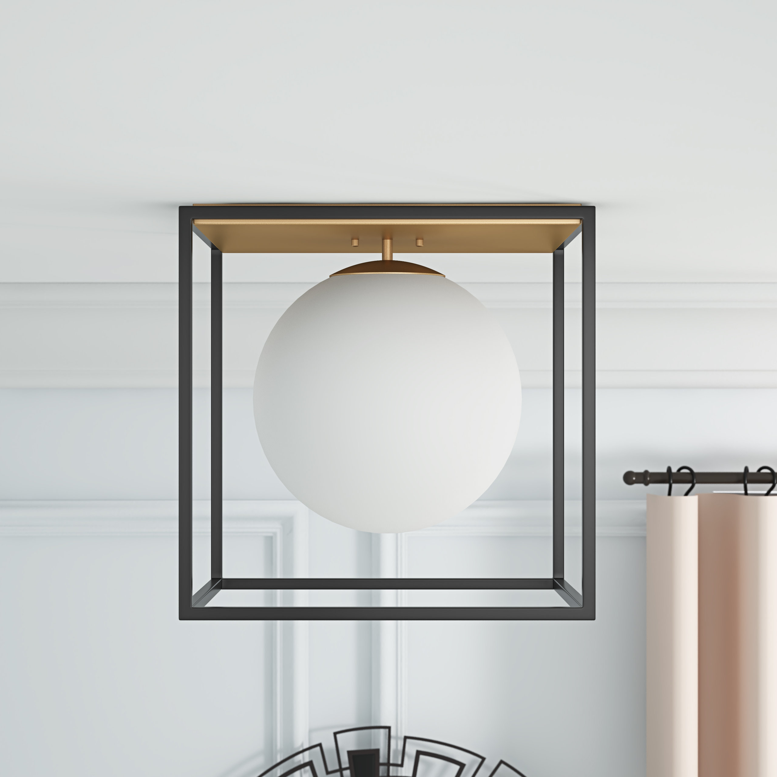 1-Light Metal Cube Frame Flush Mount Ceiling Light With Globe Glass ...