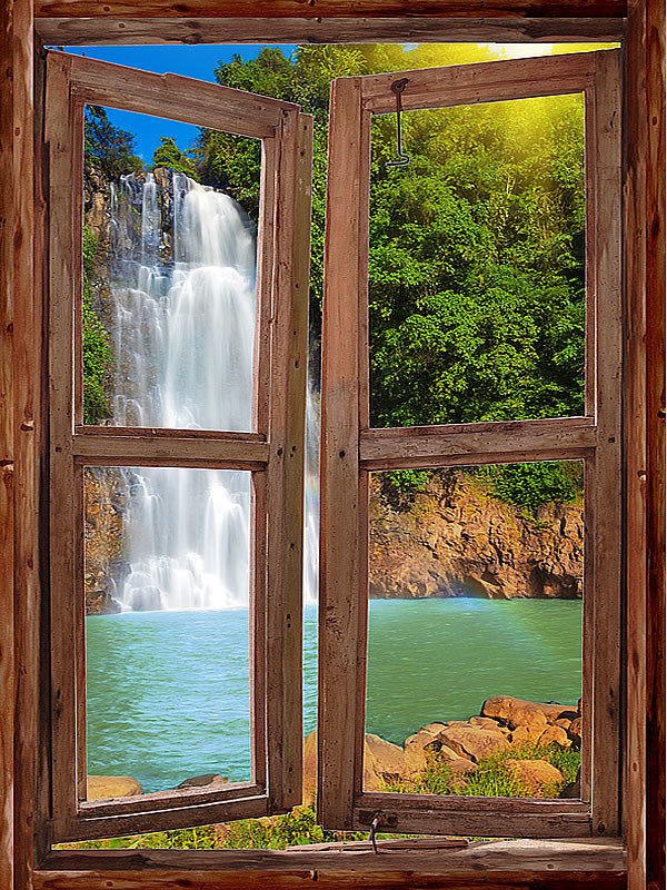 Waterfall Cabin Window Mural #1 One Piece Peel & Stick CANVAS Wall ...