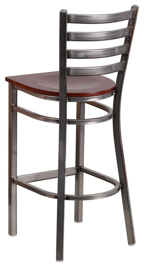 Clear Coated Ladder Back Metal Restaurant Barstool - Mahogany Wood Seat ...