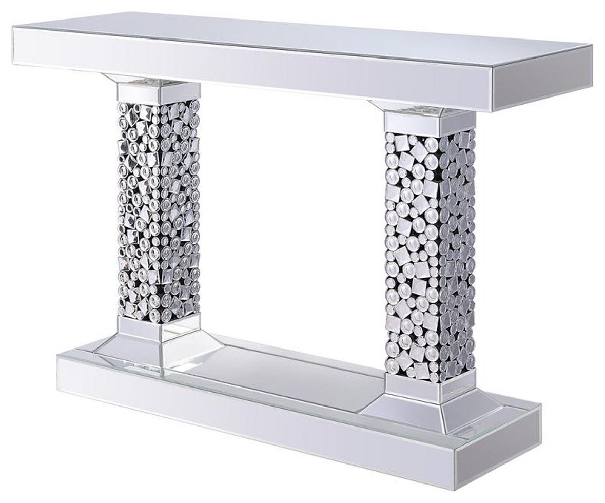 Wood and Mirror Console Table With Two Pedestal Base, Clear and Black ...