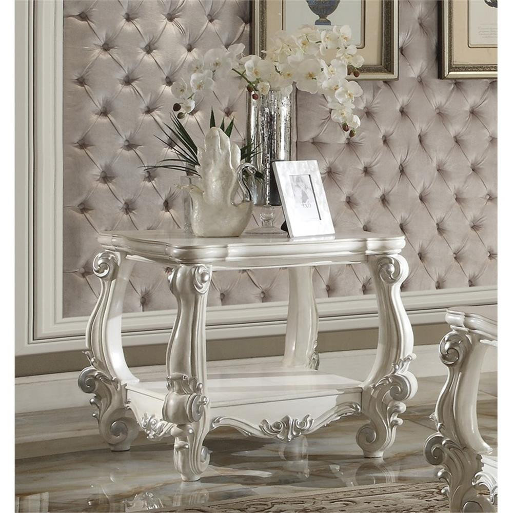 ACME Versailles Square Wood End Table with Bottom Shelf in Bone White ...