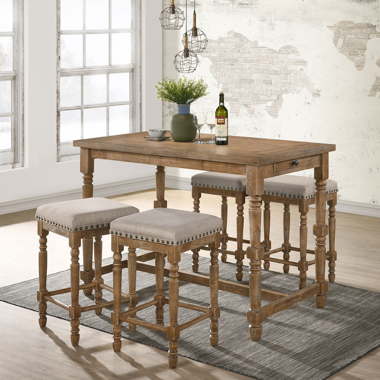 Rectangular Counter Height Table, Weathered Oak Finish - Traditional ...