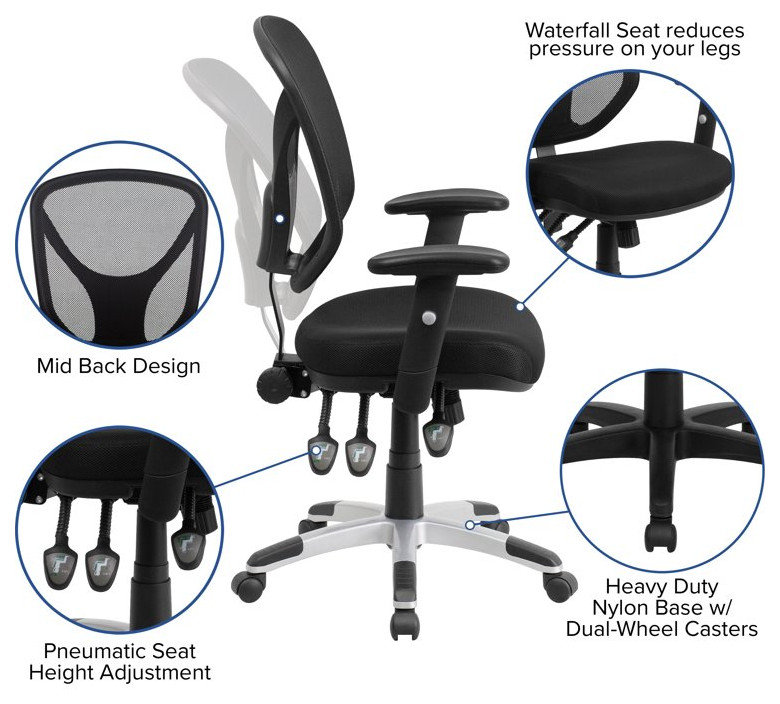Contemporary Office Chair, Waterfall Swivel Seat With Mesh Mid Backrest ...