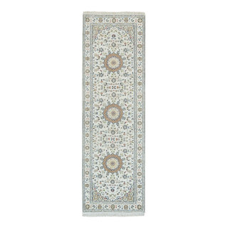 White, Hand Knotted, Nain Design, 250 KPSI Organic Wool Runner Rug, 2'6 ...