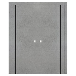 French Double Pocket Doors | Planum 0011 Concrete with | Kit Trims Rail ...