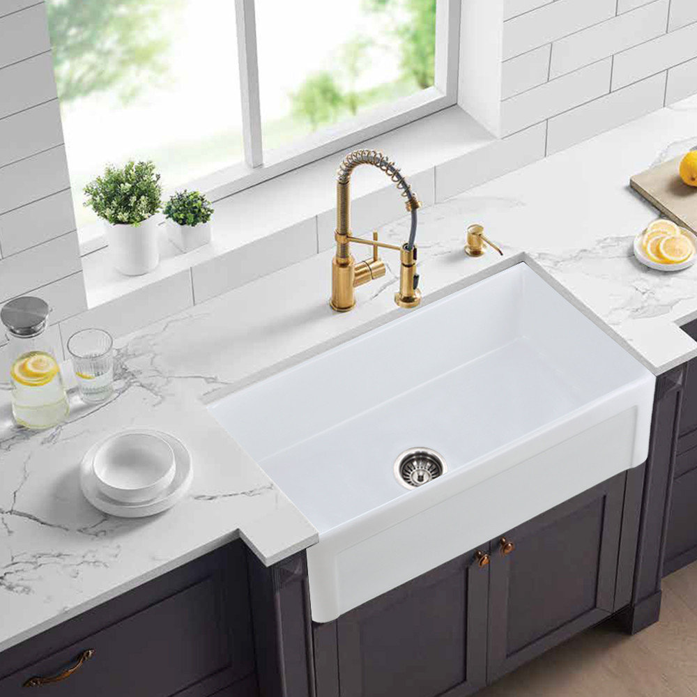 White Ceramic Single Bowl Farmhouse Apron-Front Kitchen Sink with Grid ...