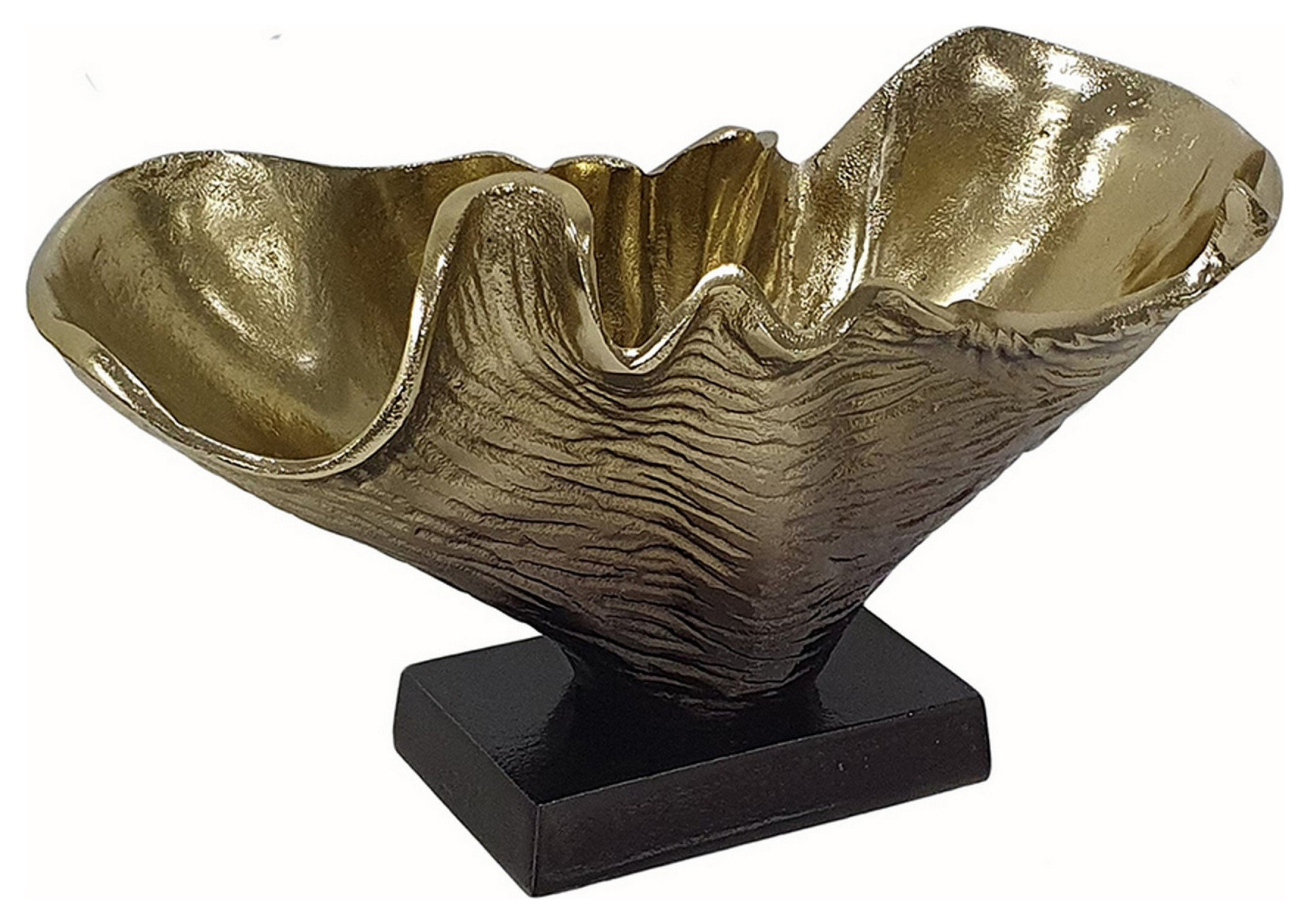15 Inch Curved Shell Decorative Bowl, Aluminum, Square Base, Gold and ...