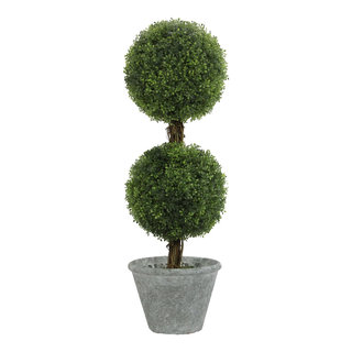 21.5" Grass 2 Ball Topiary With Plaster Pot - Contemporary - Artificial ...