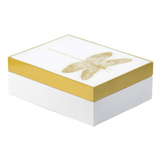 Gold and White Contemporary Rectangular Dragonfly Box with Gold Band ...