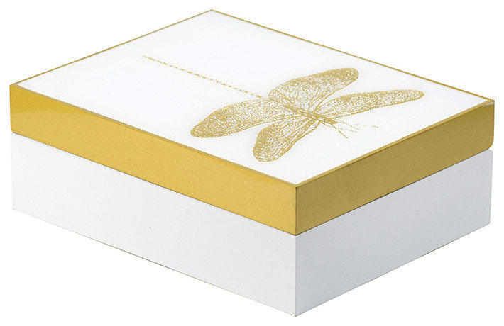 Gold and White Contemporary Rectangular Dragonfly Box with Gold Band ...