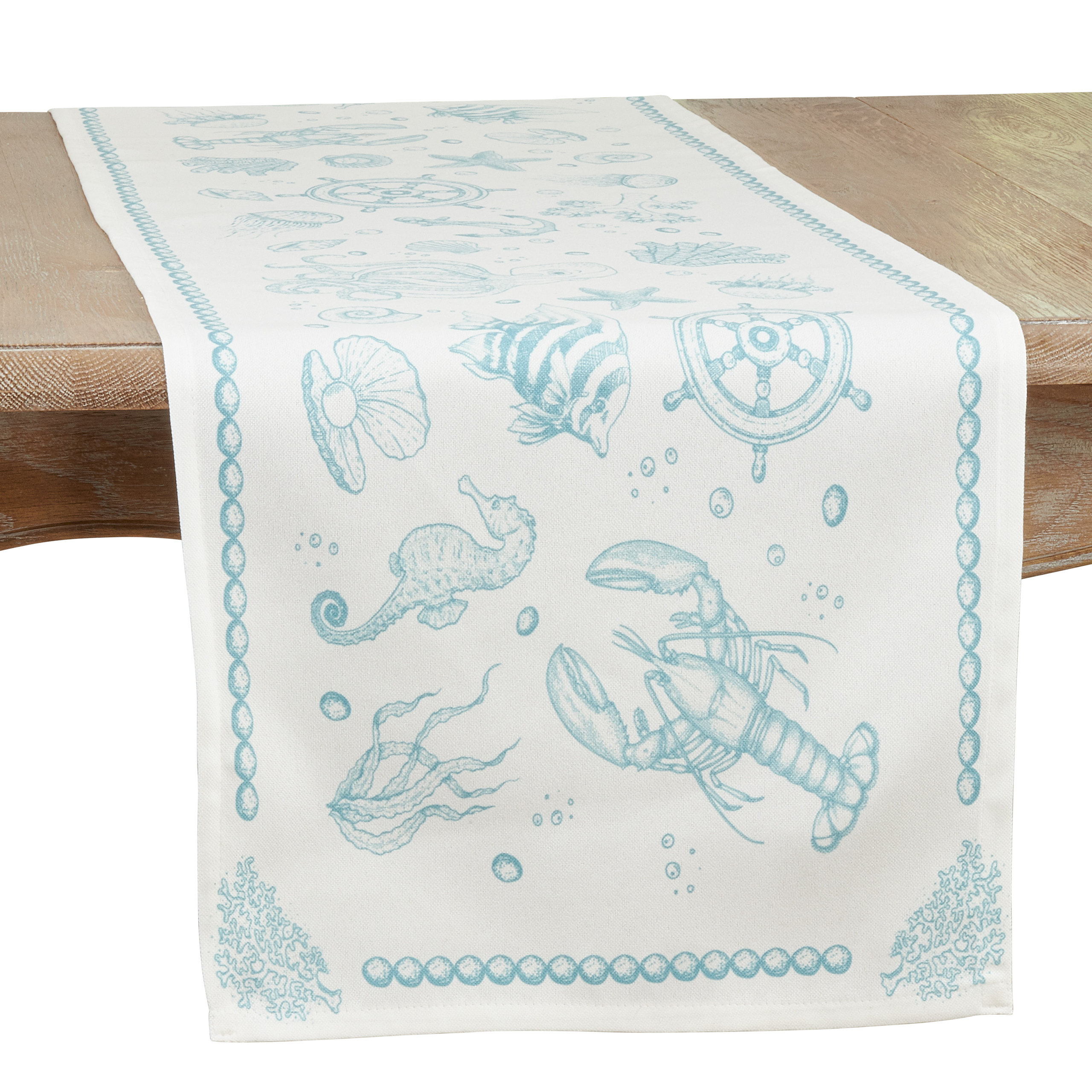 Sea Life Design Long Table Runner, Aqua, 16"x72", 16"x72" - Beach Style ...