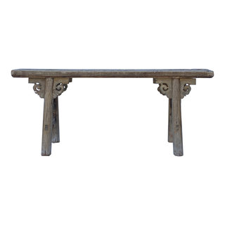 Chinese Rural Village Rustic Slim Scroll Apron Wood Seating Bench ...