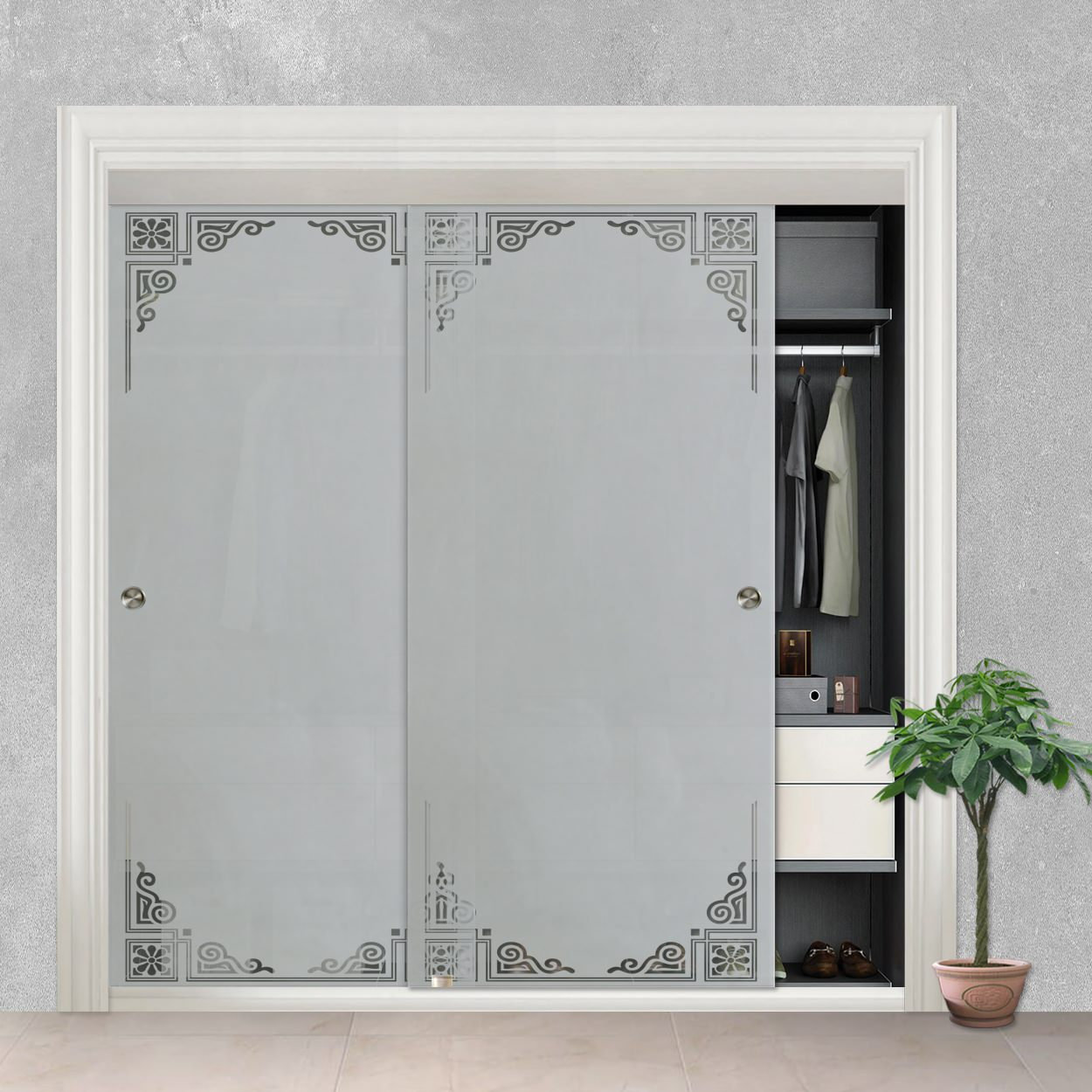 Frameless Sliding Closet Bypass Glass Door With Frosted Design, 60"x96 ...