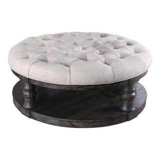 Rustic Coffee Table with Round Button Tufted Cushion Top and Lower ...