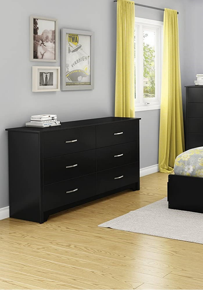 Pure Black Transitional Double Dresser with 6 Grooved-Handle Drawers ...
