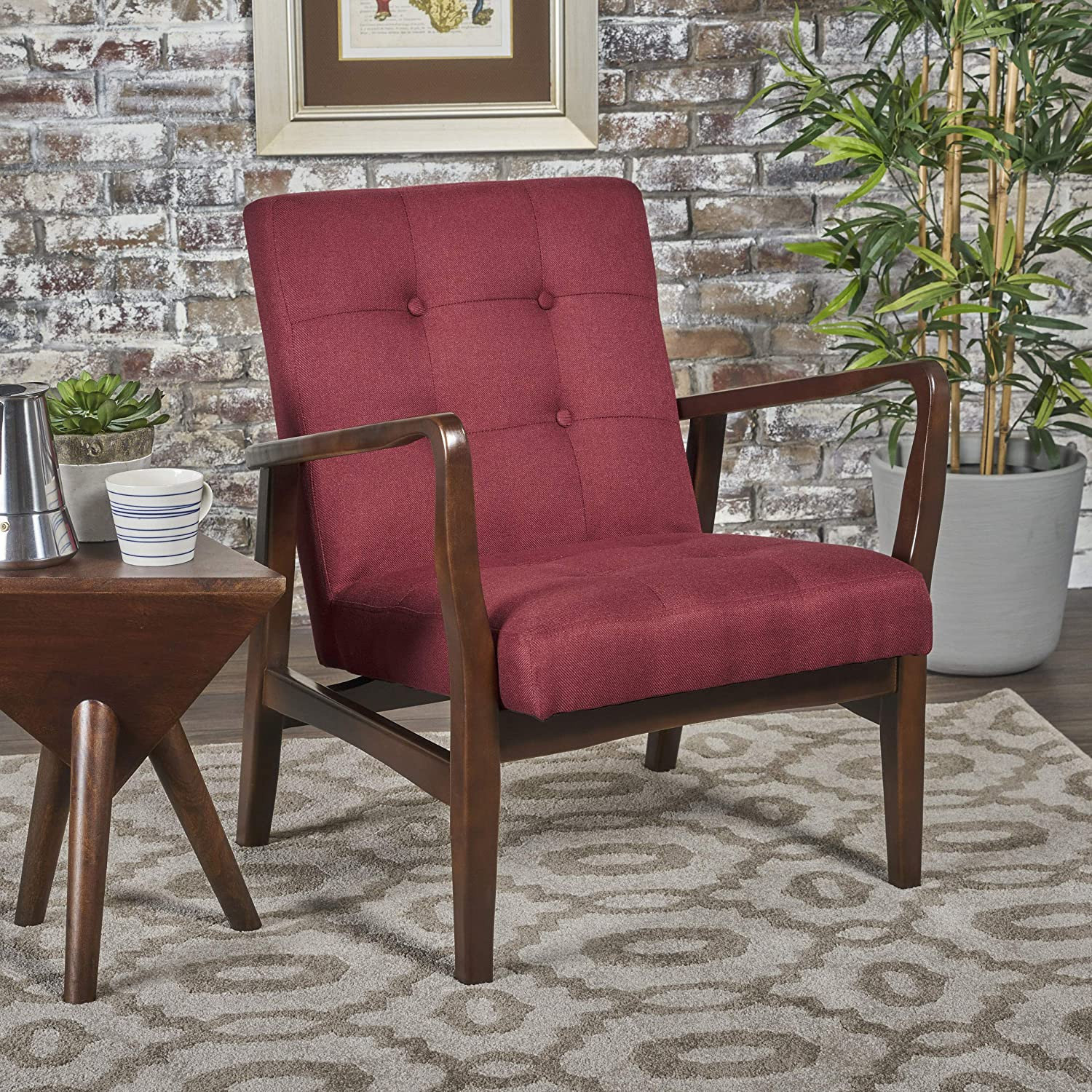 Deep Red Mid-Century Accent Chair with Wood Frame and Button Tufted ...