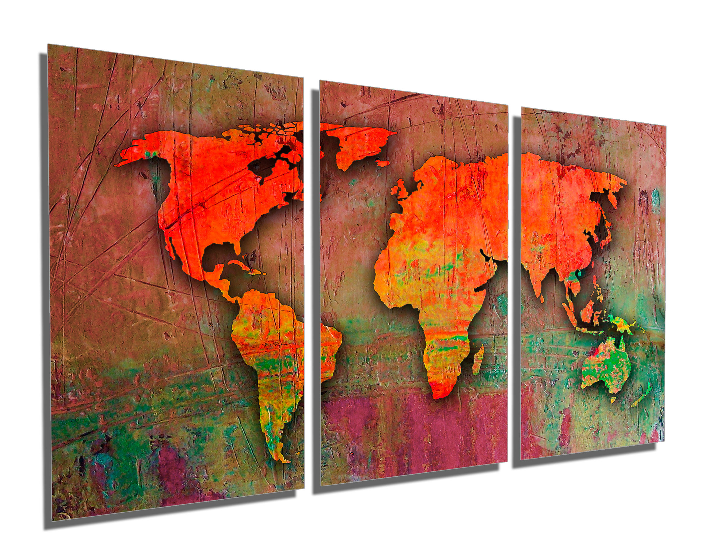 Abstract World Map Metal Print, 3 Panel Split, Triptych Wall Art, 60x30 ...