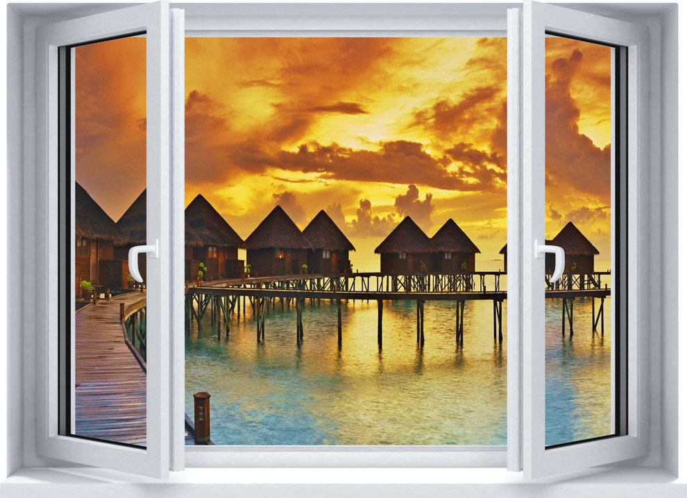 Sunset Resort Window One Piece Peel & Stick CANVAS Wall Mural - Beach ...