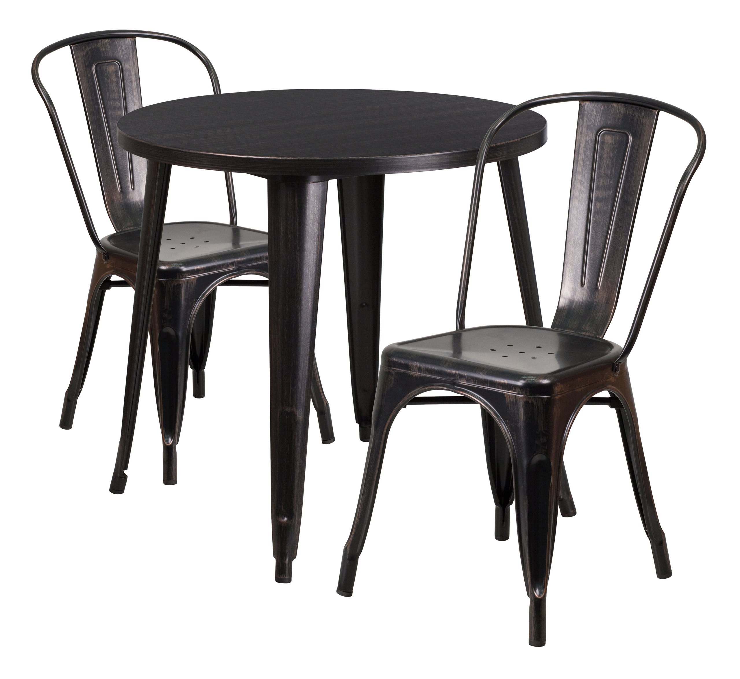 30" Round Black-Antique Gold Metal Indoor-Outdoor Table Set with 2 Cafe ...