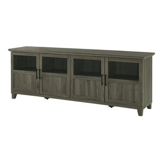 Transitional TV Stand, 4 Doors With Glass Insert & Metal Handles ...