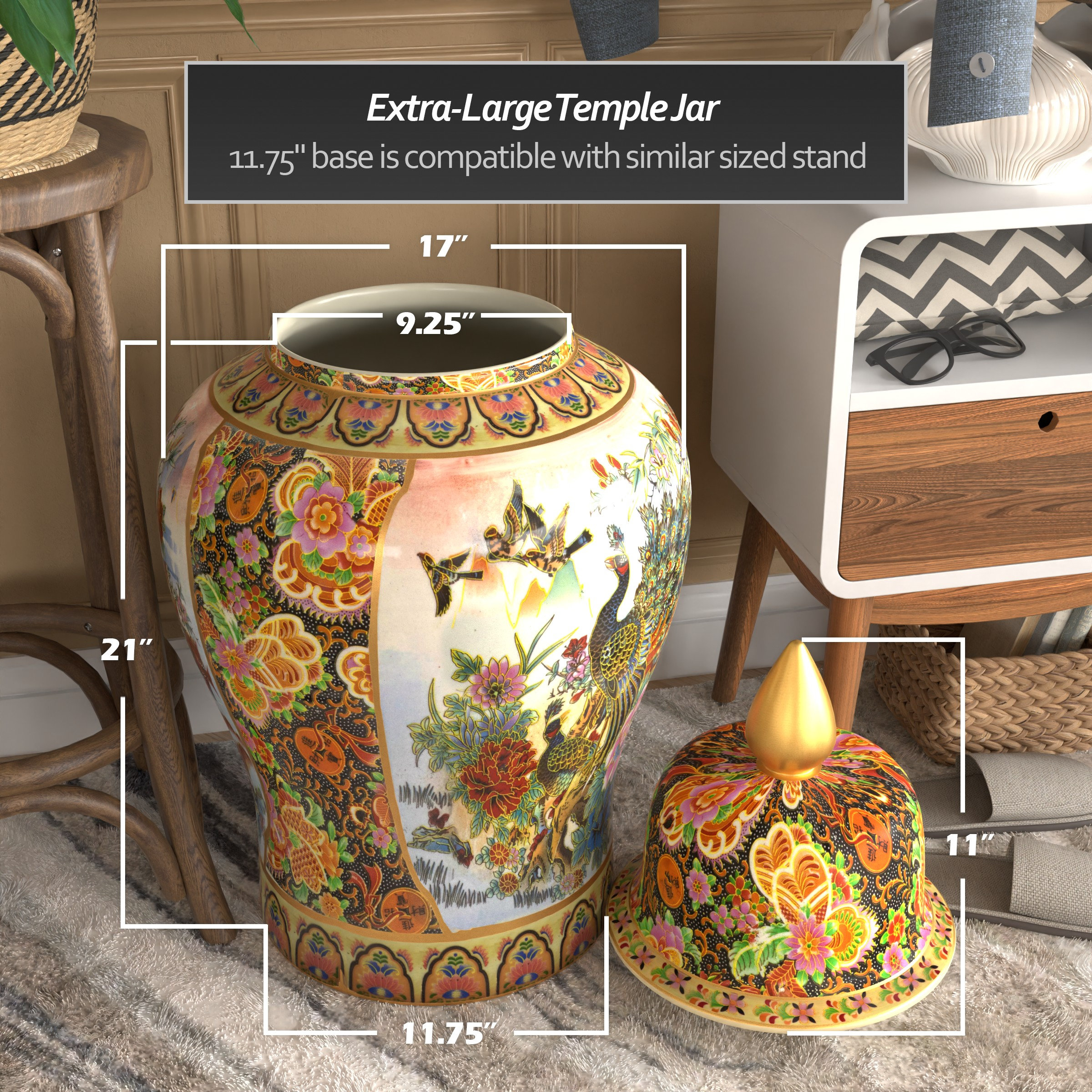 32" Satsuma Peacock Porcelain Temple Jar - Asian - Decorative Jars And ...