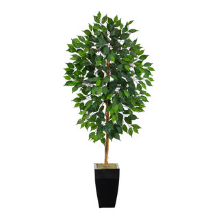 4.5' Ficus Artificial Tree, Black Metal Planter - Modern - Artificial ...