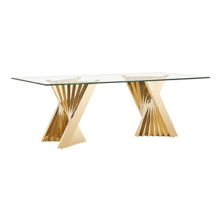 Rectangular Gold Dining Table, Glass Top 86" Glam Table - Contemporary ...