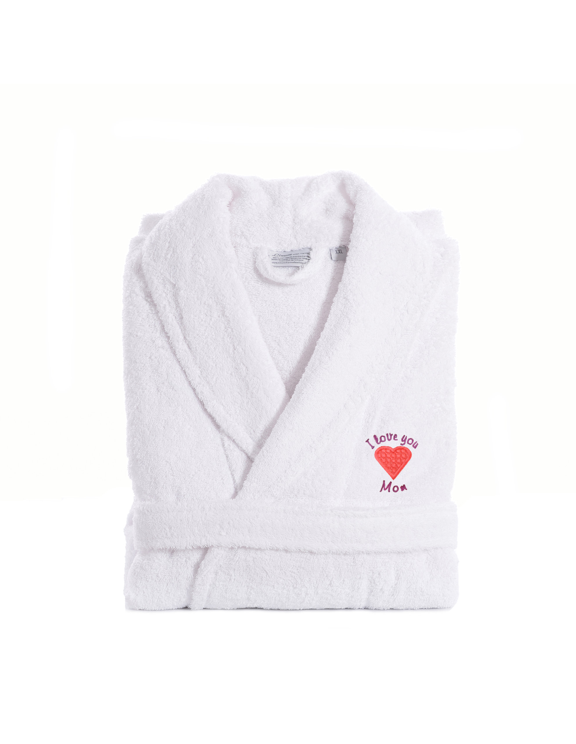 "I Love You Mom" Embroidered White Terry Bathrobe, Pink Heart, Large ...