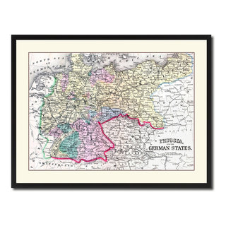 Prussia, Germany Vintage Map Print On Canvas With Picture Frame 16" X ...