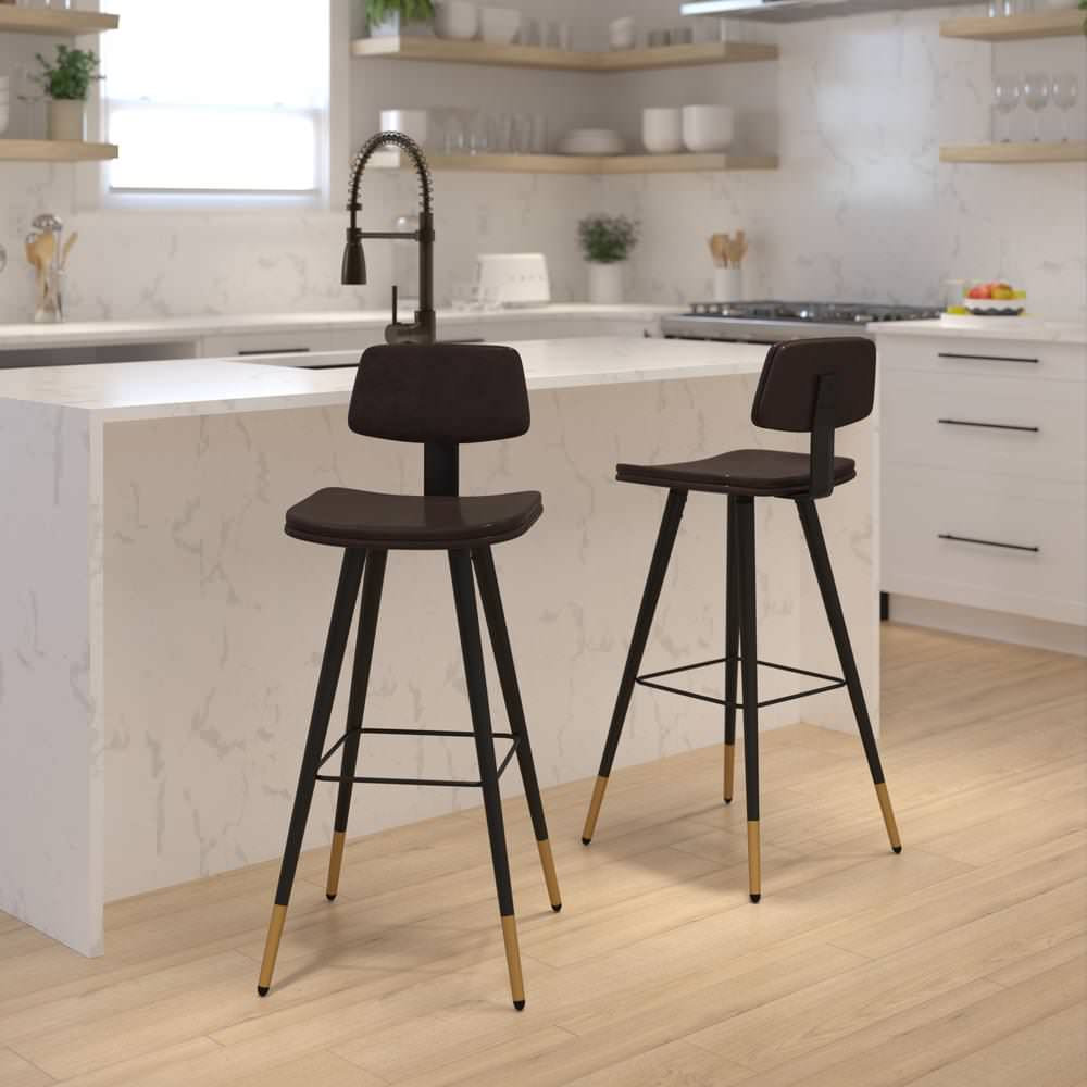 Kora Commercial Grade Low Back Barstools, Brown Leather Soft Upholstery ...