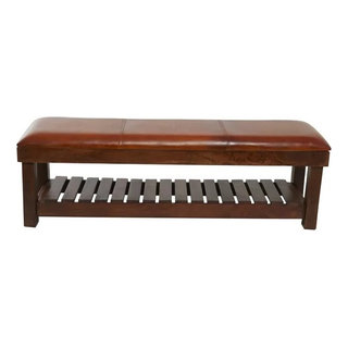 Rustic Brown Leather Bench with Lower Slatted Shelf for Stylish Storage ...