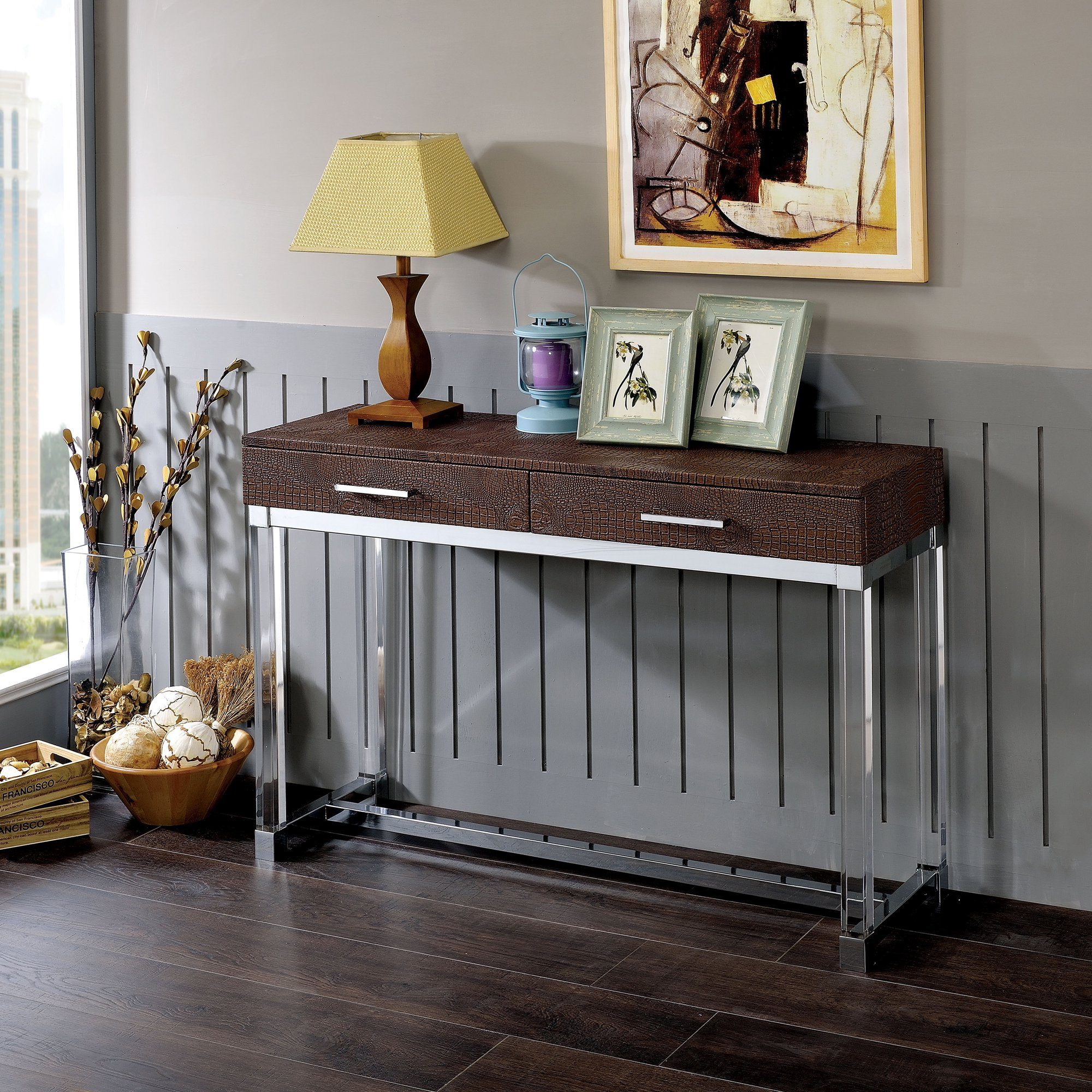 Unique Console Table, Silver Base With Acrylic Legs & Faux Crocodile ...