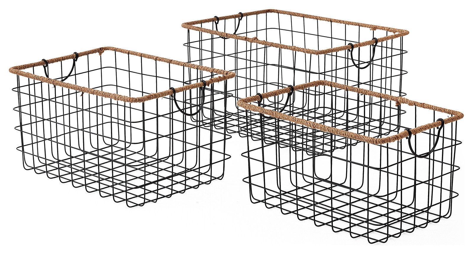 3-Piece Set Rectangular Wire Baskets With Jute Rim and Handles, Black ...