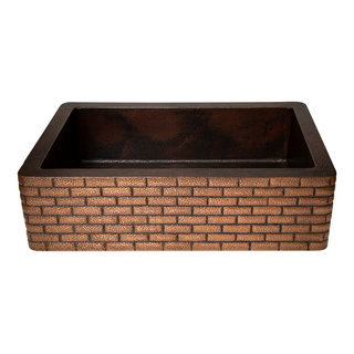 33" Farmhouse One Bowl Bricks Apron Hammered Copper Kitchen Sink, 16 ...