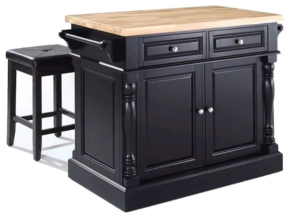Pemberly Row Wood Butcher Block Top Kitchen Island with Square Stools ...