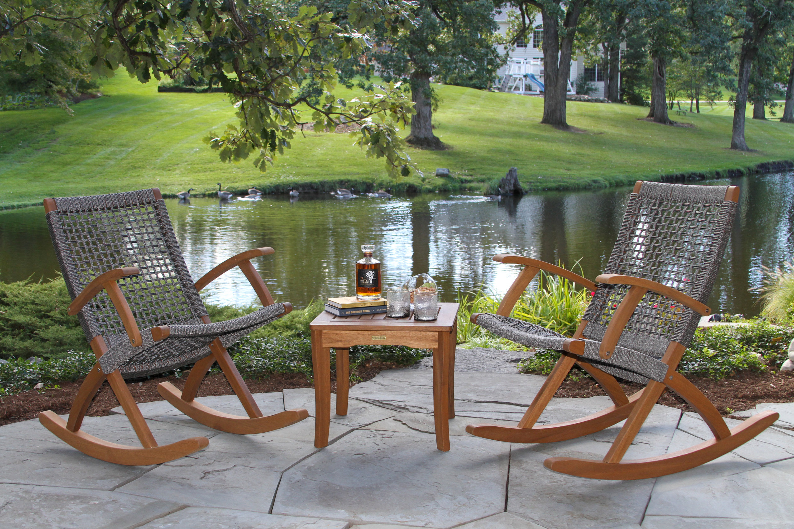 Eucalyptus and Grey Rope Rocking Chairs With Square Accent Table ...