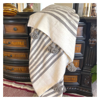 Handwoven Pom Pom Wool Blanket Off-White With Grey Stripes, 78in X118in ...