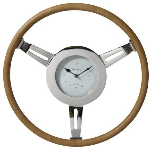 Light and Living Steering Clock, Nickel and Leather, 18" Diameter ...
