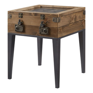 Trunk Style Accent Table with Glass Top Encasing and Metal Tapered ...