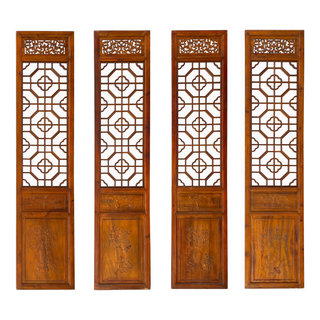 Chinese Brown Geometric Pattern Theme Wood Panel Floor Screen 4pcs ...