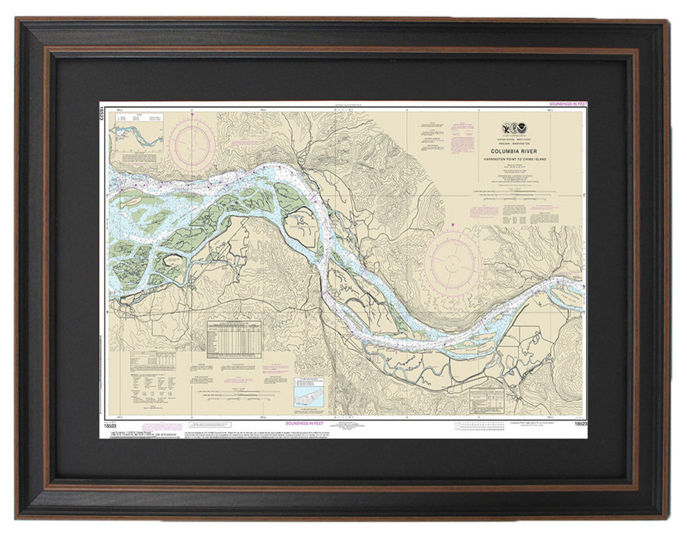 Framed Nautical Chart, Columbia River, Harrington Pt, Crims Island ...