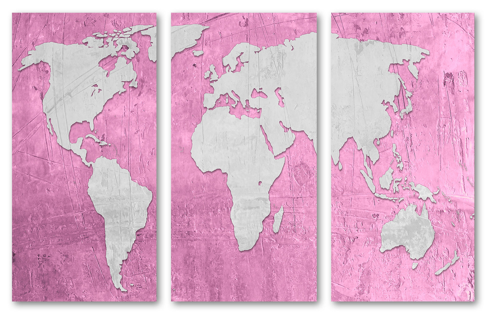 Pink Pale Plum, Silver World Map Canvas Print, 3 Panel Split, Triptych ...