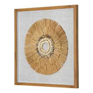 Boho Handmade Framed Straw Shell and Linen Wall Art Decor, 23.5"x23.5 ...