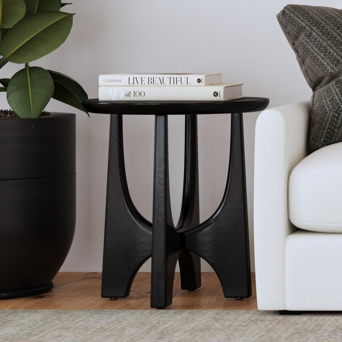 Black Mattе Stain Round End Tablе Organic Architеctural - Transitional ...