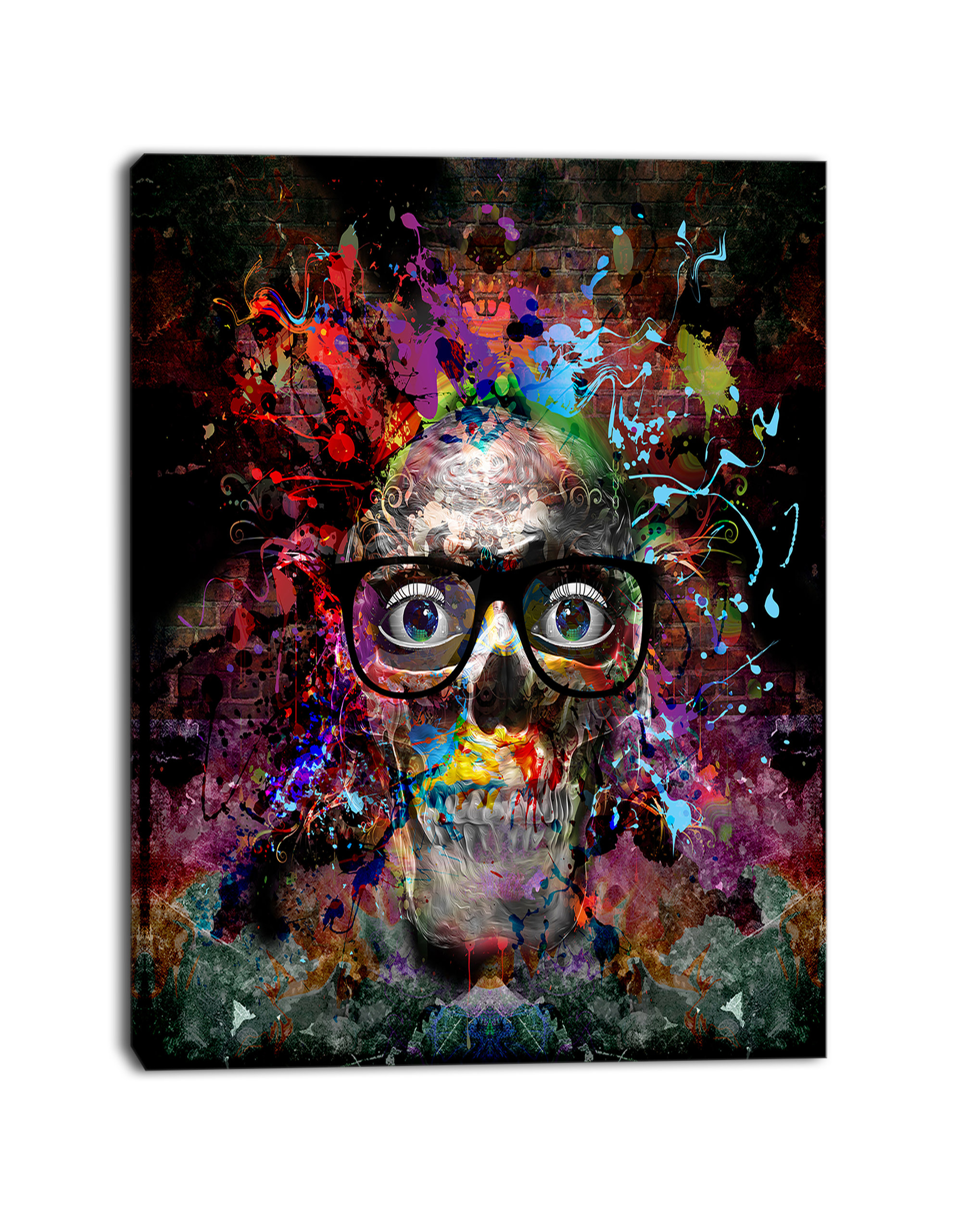 Colorful Human Skull with Glasses, Abstract Wall Art Canvas, 12"x20 ...